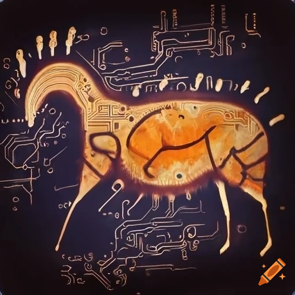 Cave paintings of animals and circuit boards on Craiyon