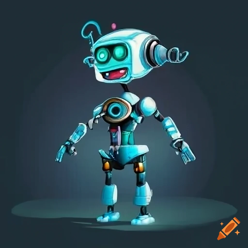 A robot character for a video game, cute styalized