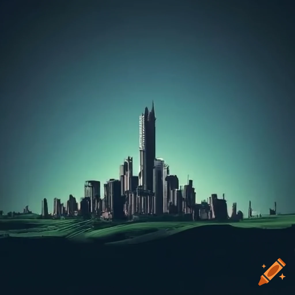 Futuristic skyline seen from a hill outside the city