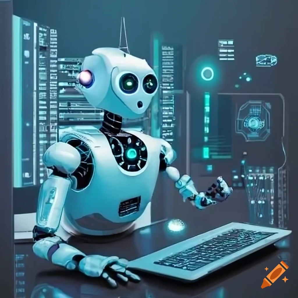 Economic robot bot analyzing data on a computer screen