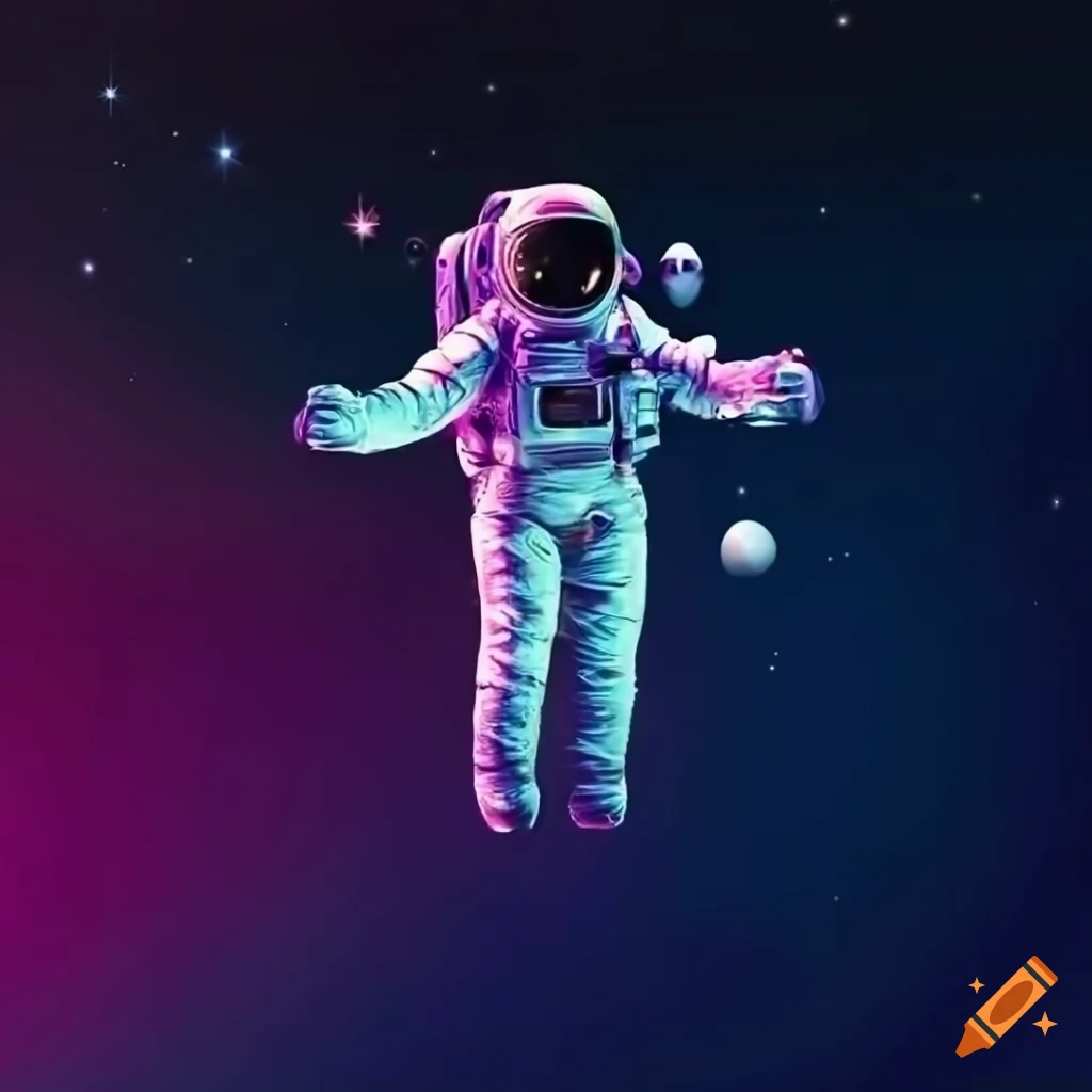 Universe with an astronaut floating with asteriods and gradient lines ...