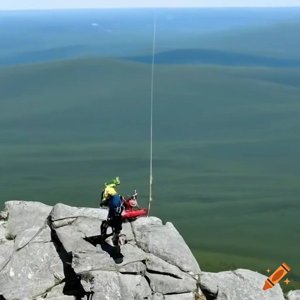 Helicopter carrying a person on a rope above the Mount Monadnock summit ...