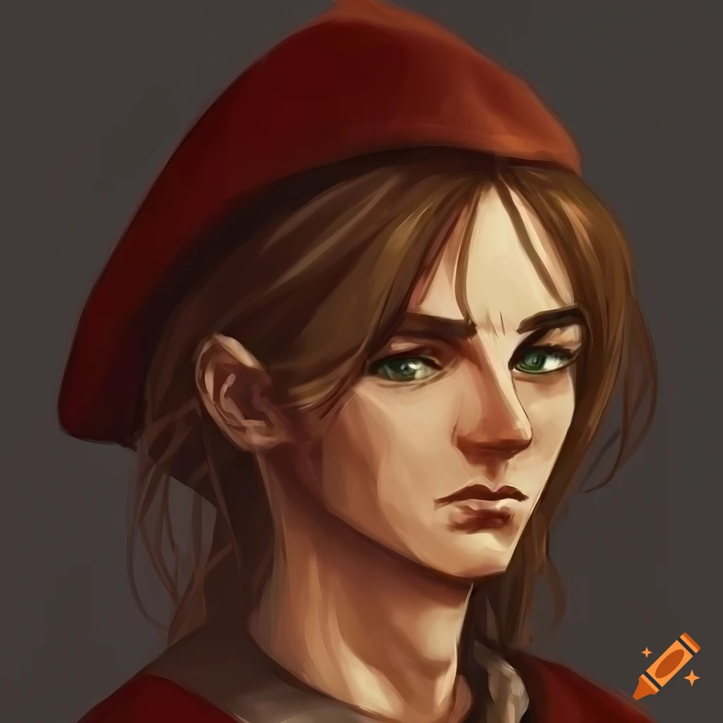 Portrait, young man, fancy medieval clothes, beret, green eyes, long ...