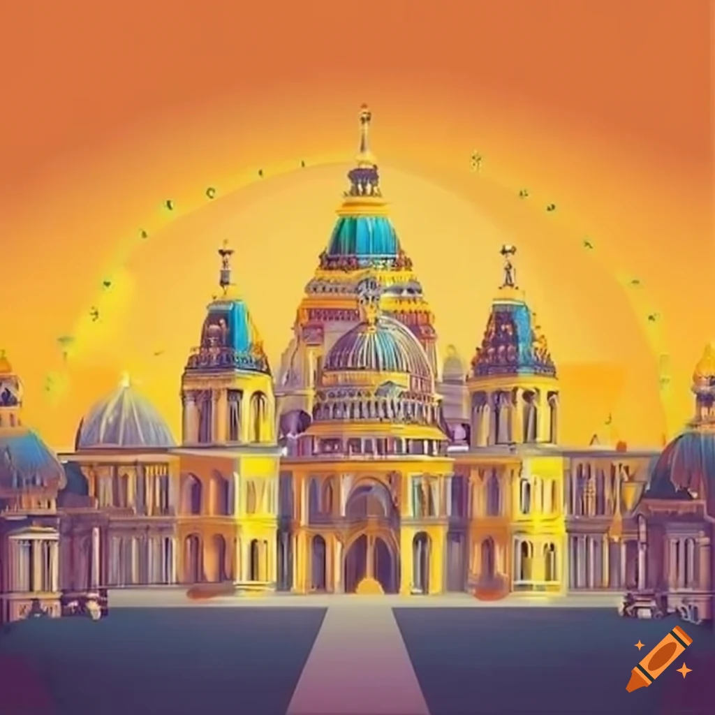 Extravagant palace with intricate golden architecture and royal domes ...