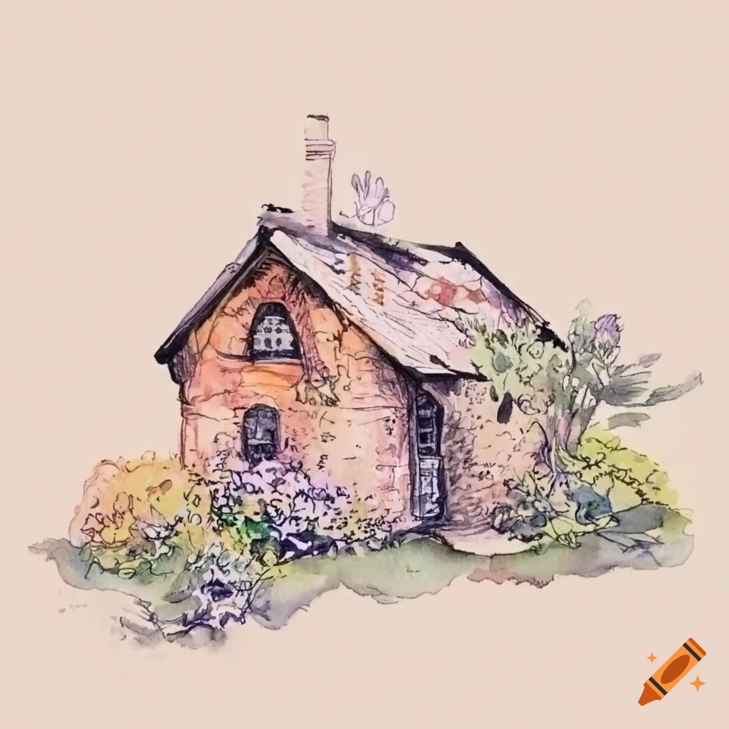 A charming ink drawing of a cottage surrounded by flowers