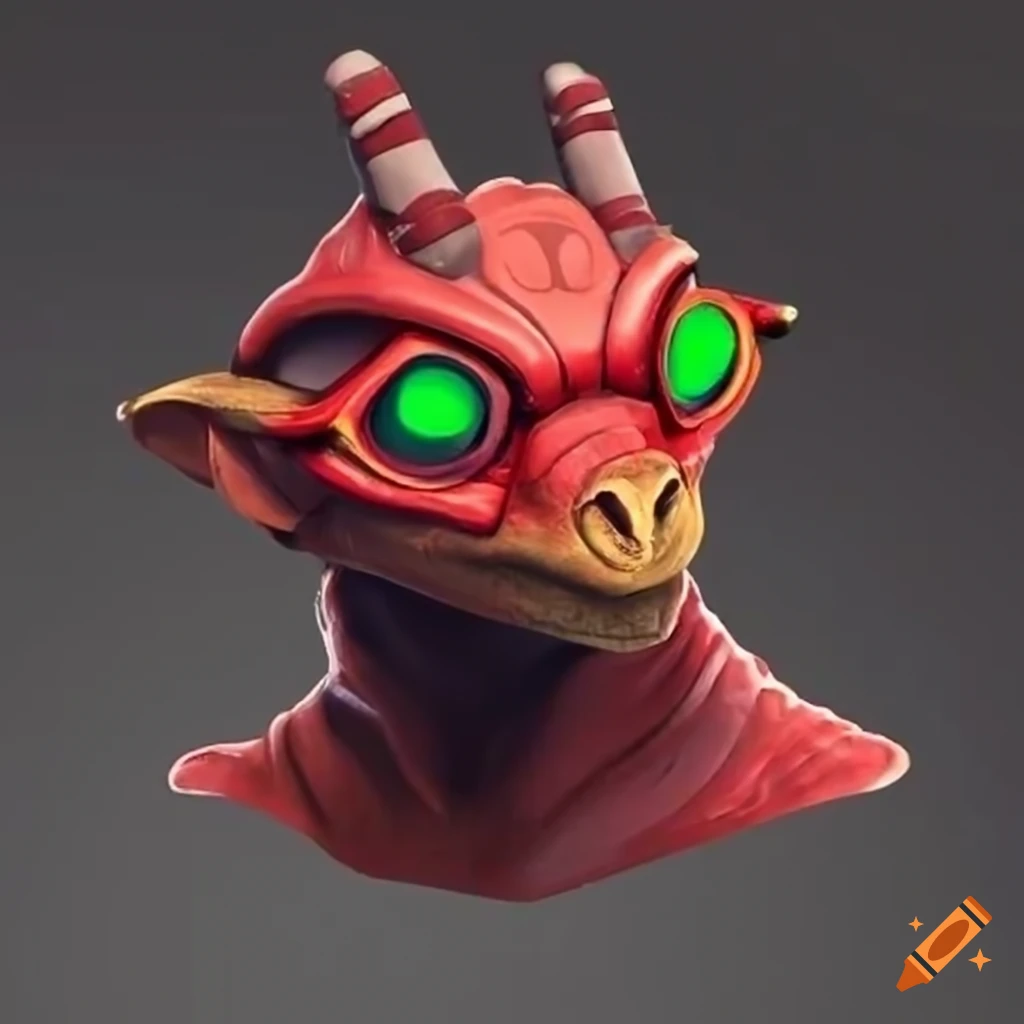 Red kobold bust wearing green techy goggles on Craiyon