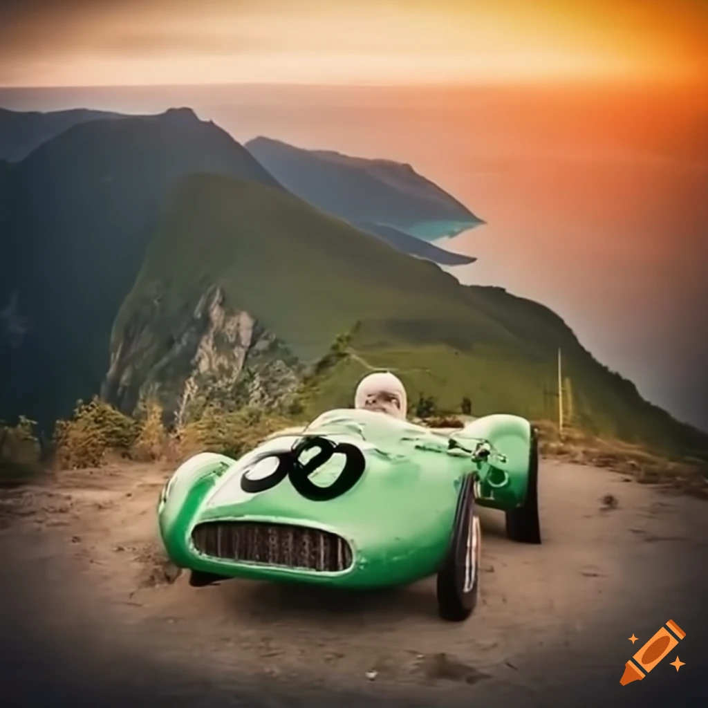 Vintage green racing car on a cliff overlooking sea and mountains on ...