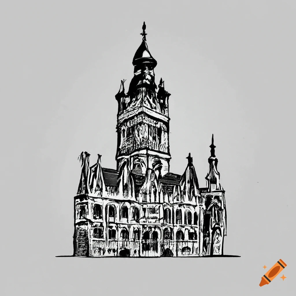 A simplified drawing of the belfry of douai in black and white on Craiyon