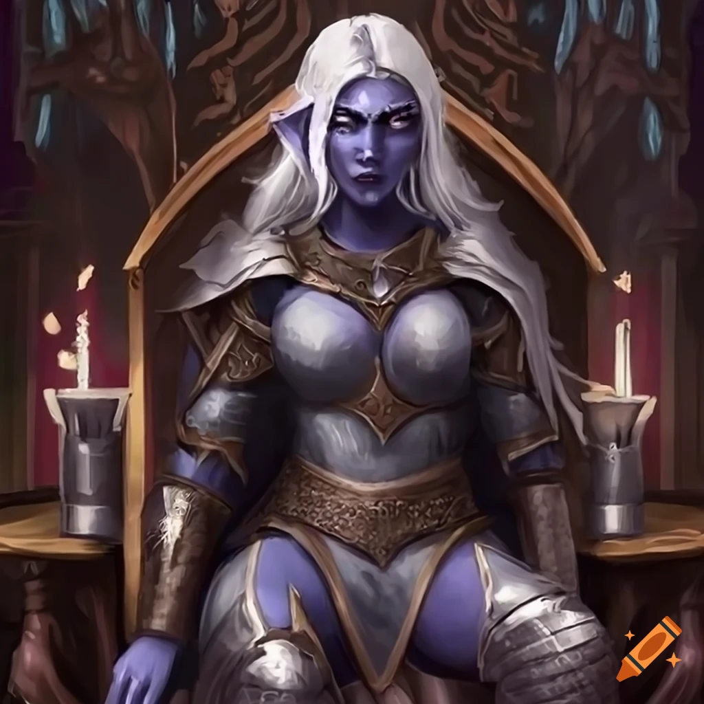 Dnd female drow, sitting on a throne, armor, 4k, high-detailed, portrait on Craiyon