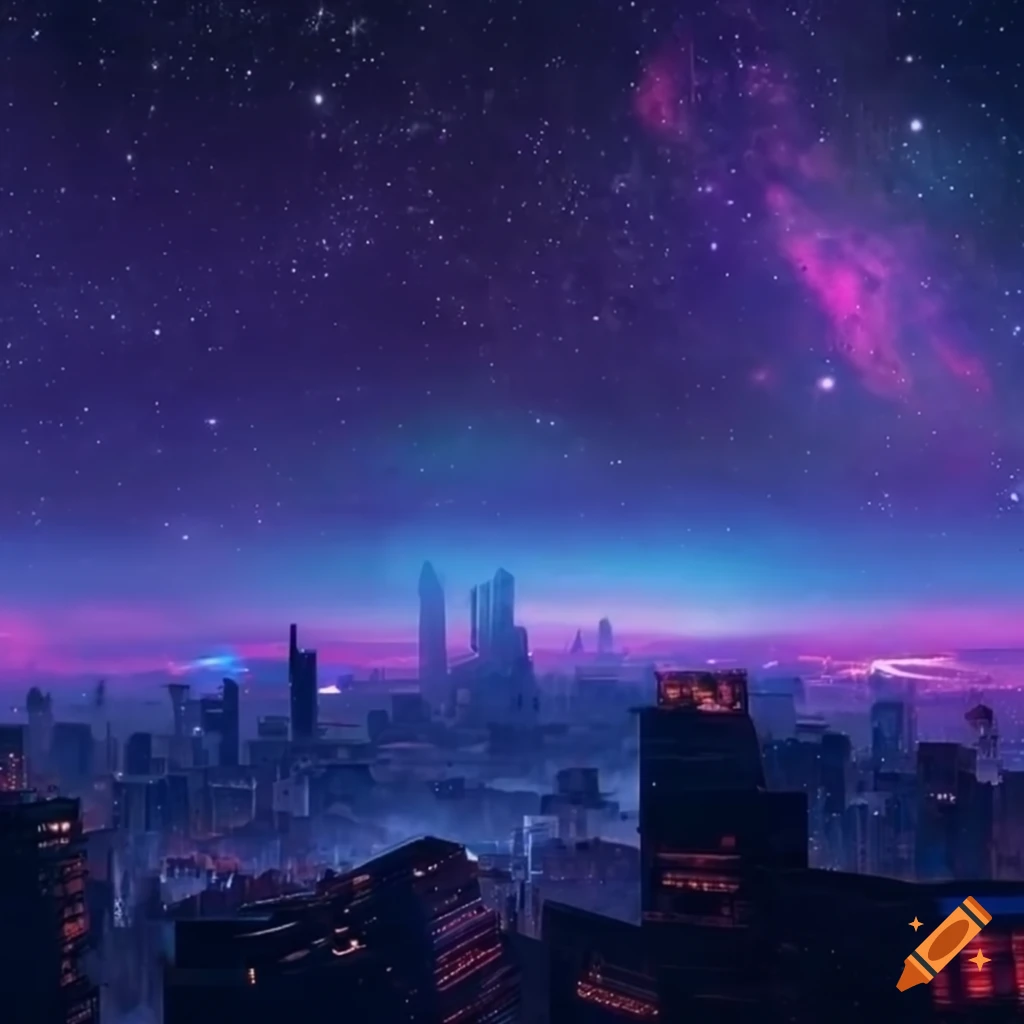 A night landscape with a starry sky in the world of cyberpunk