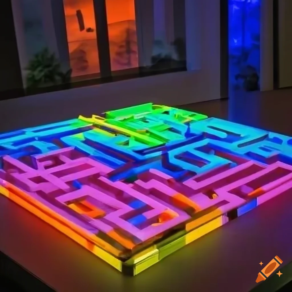 Illuminated acrylic maze artwork in rainbow colors on Craiyon