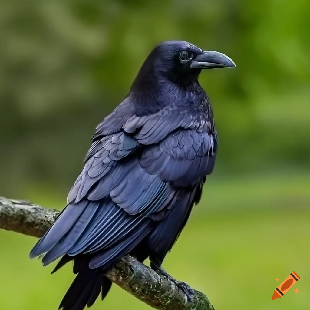 A big raven perched on a branch looking down into a garden where a ...