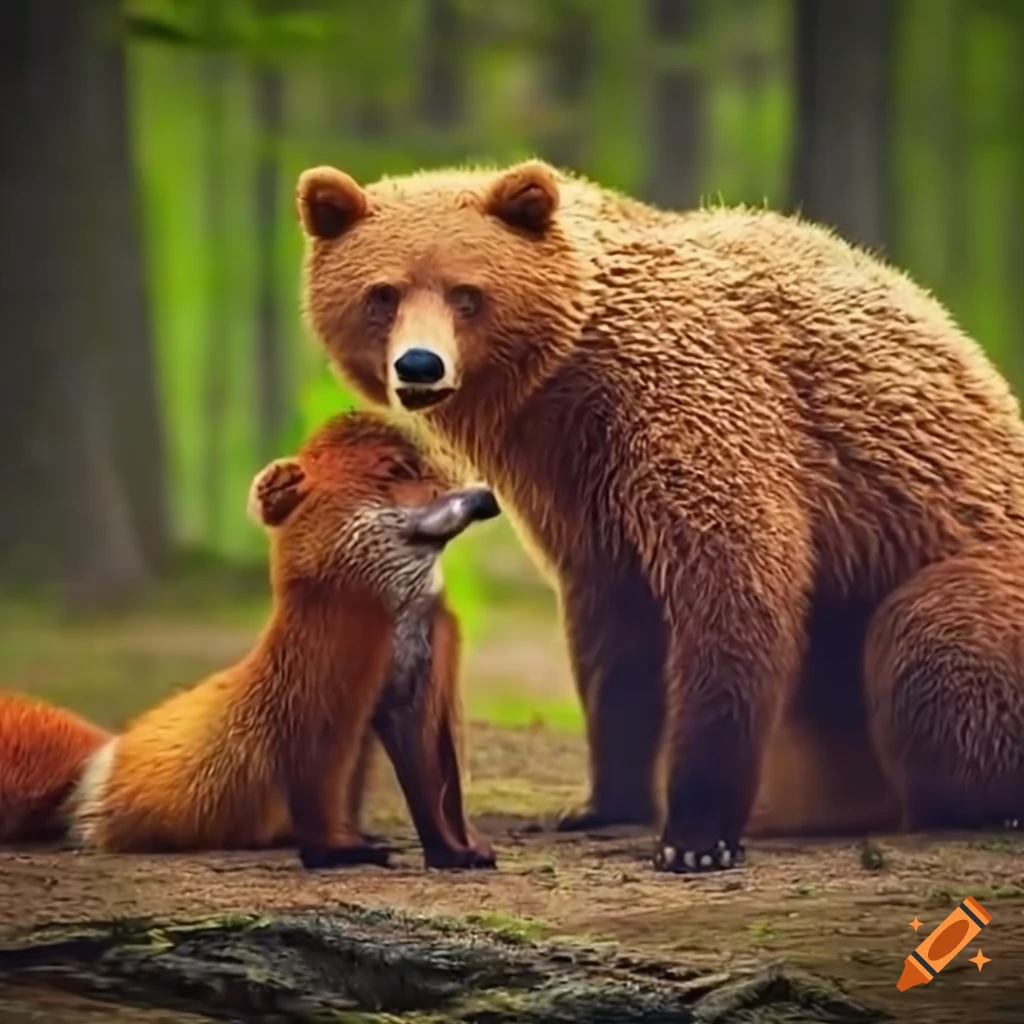 Two friends big bear and a fox in the forest on Craiyon