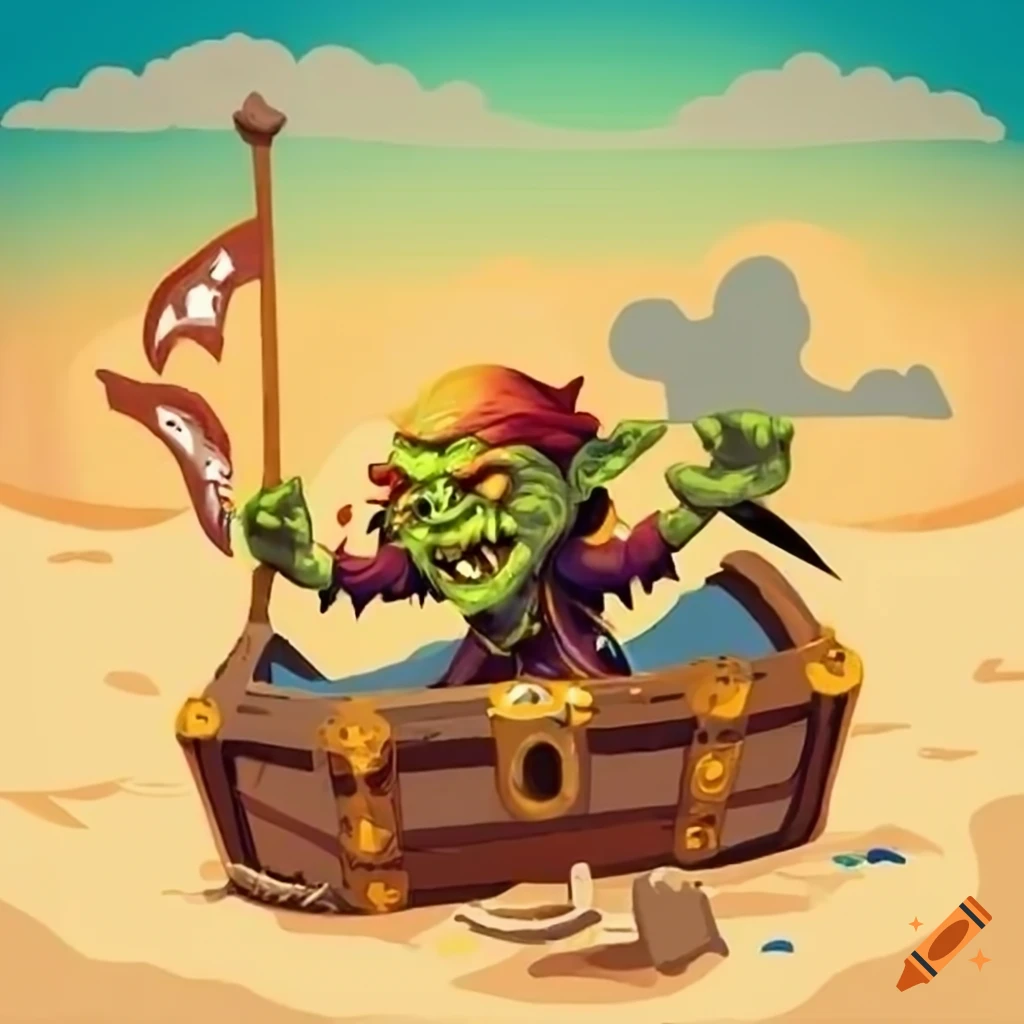 Goblins with piratehats on a beach around a treasure chest