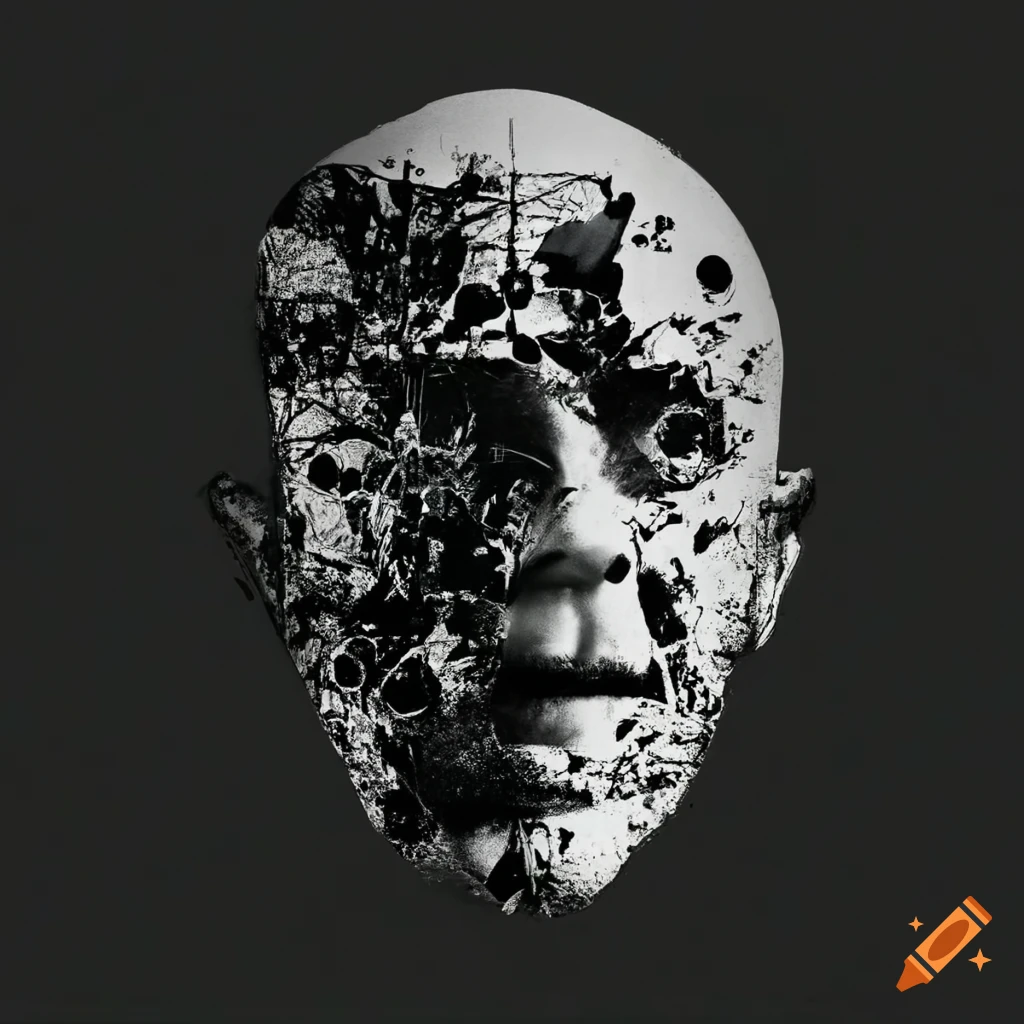 Dadaistic collage about relativity and atoms, in black and white ...