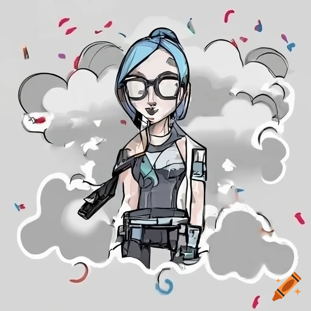 Create a sketch of Jett from Valorant wearing a comically oversized ...