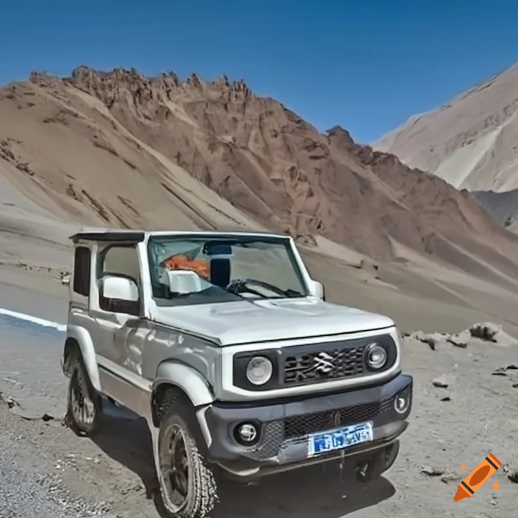Generate a captivating image featuring a pristine white Suzuki Jimny ...