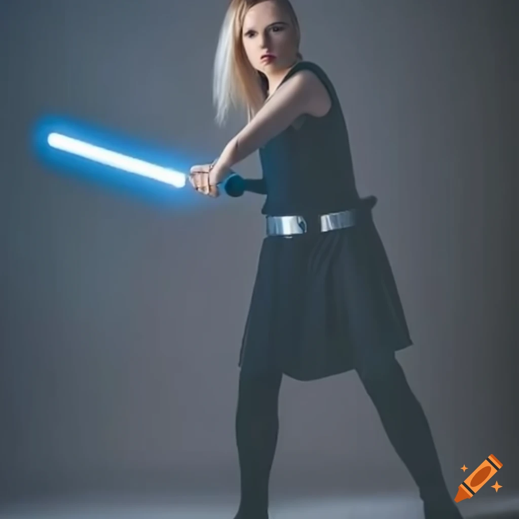 A blonde dark hair jedi woman wielding a blue lightsaber in battle