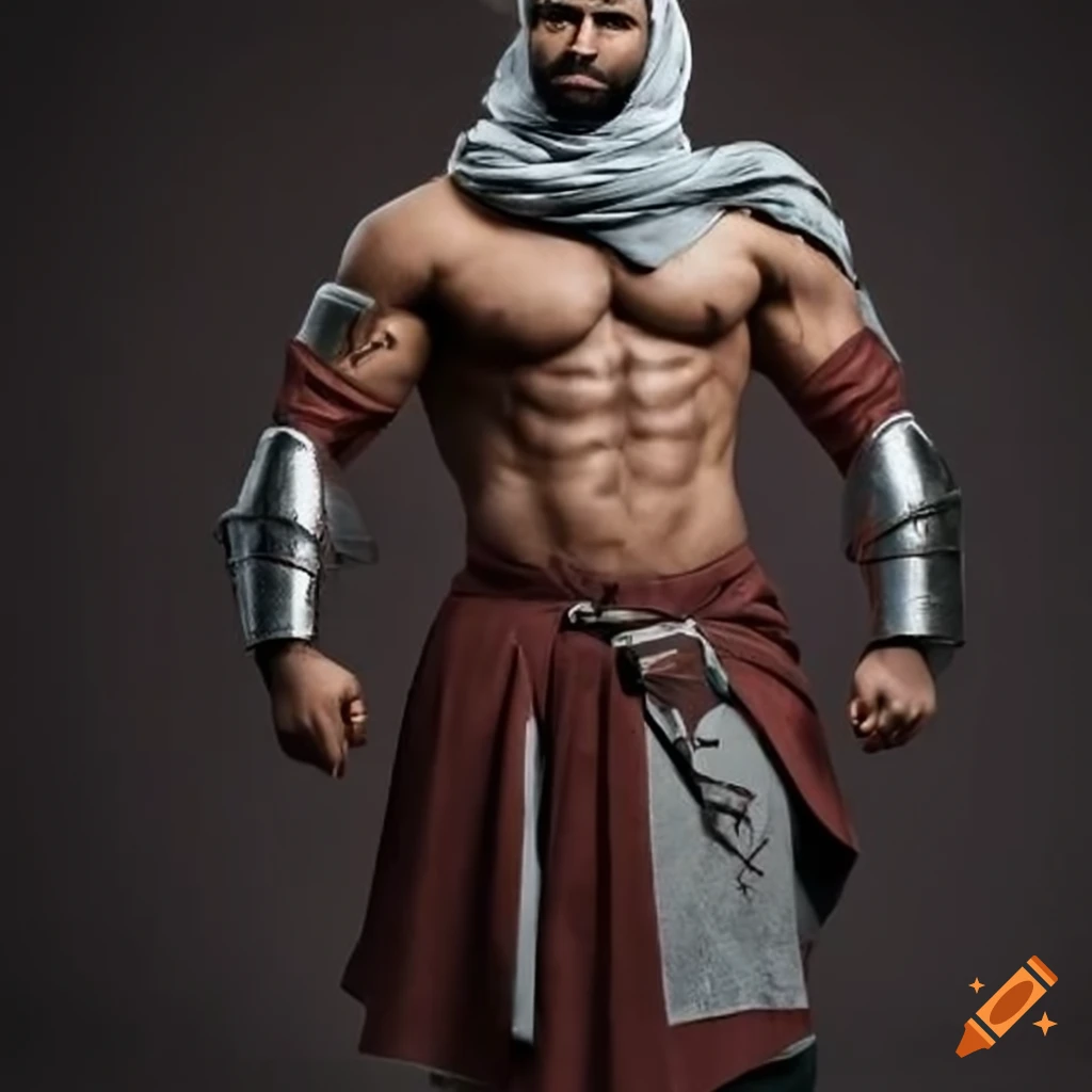A muscular muslim knight wearing a scarf and turban on Craiyon