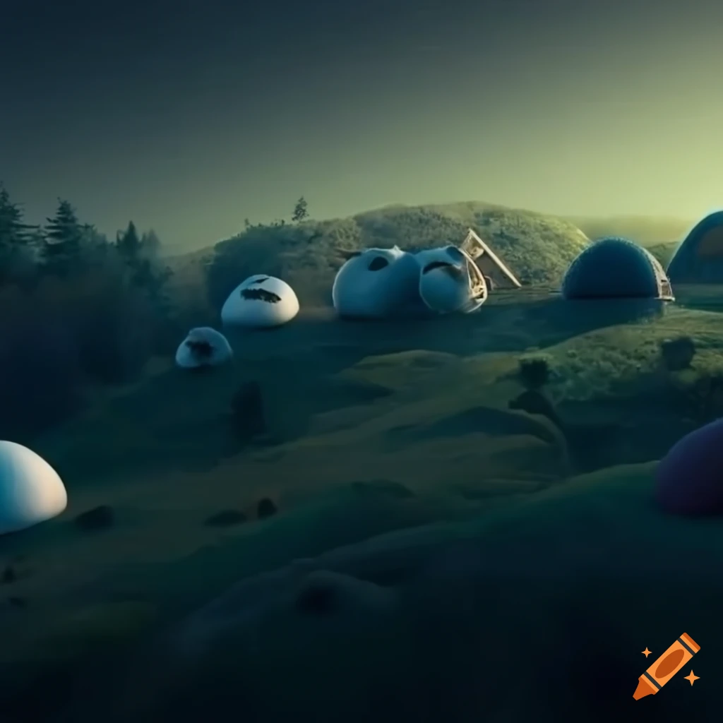 Egg-shaped houses, multicolor, in a vast hilly landscape, twilight ...