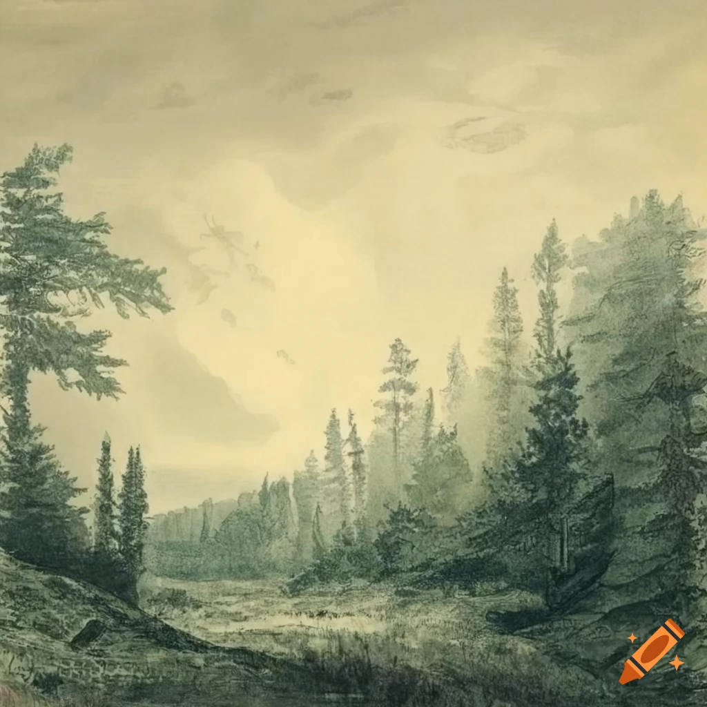 Vintage sketch of a green forest in the germany with sky in 1840