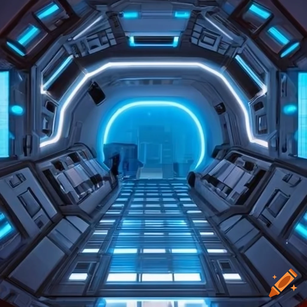 Futuristic interior of a silver space station with blue neon lights on ...