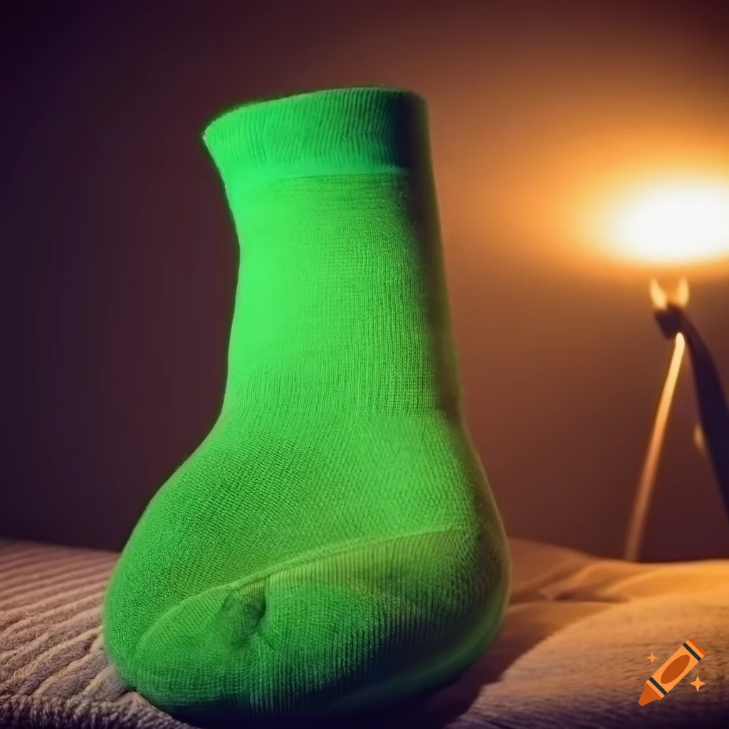 Close up of a long big thick green sock on a white bed mattress ...