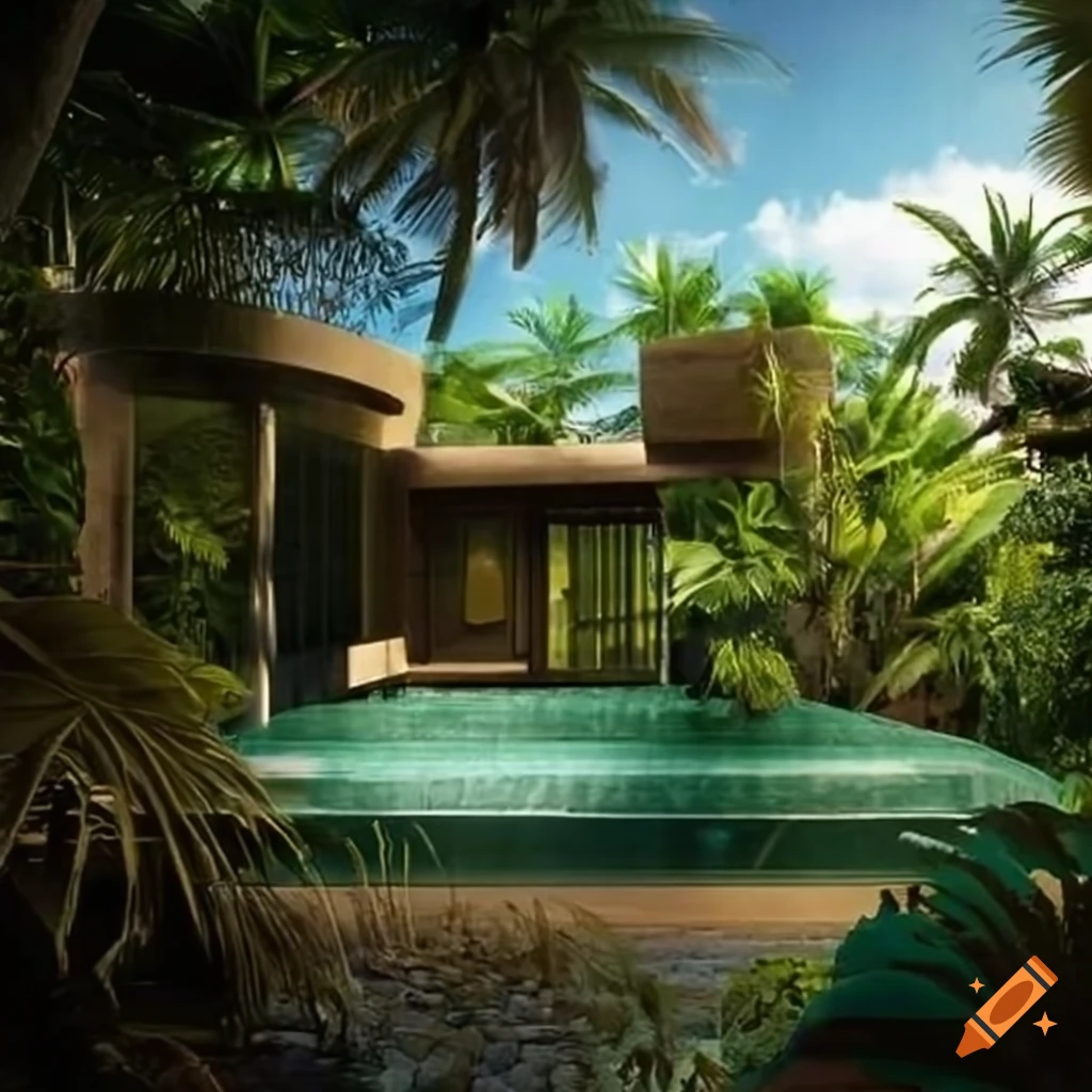 An art deco concrete tropical cottage, house design, architectural ...