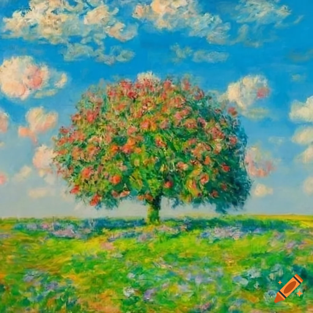 Monet style, landscape with apple trees in the summer, flowers on the ...
