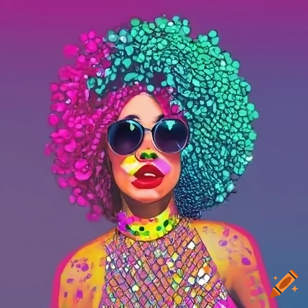 Hispanic woman, funk-themed character, retro-inspired makeup, wild and ...