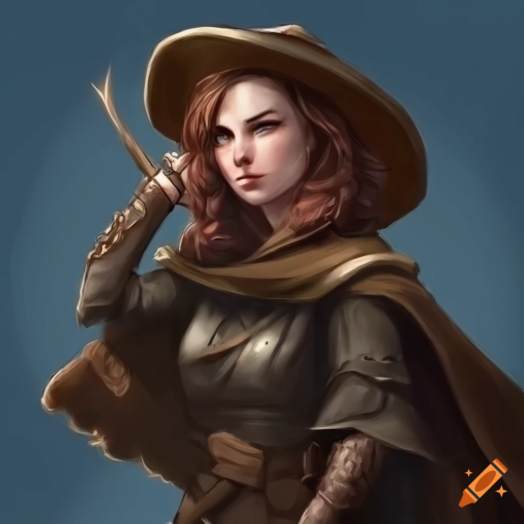 Bored dnd female ranger, poncho, brown hair, musketeer hat, 4k, high ...