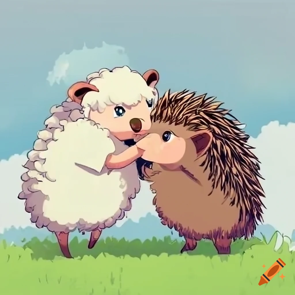 A hedgehog and a white sheep standing next to each other, cute cartoon ...