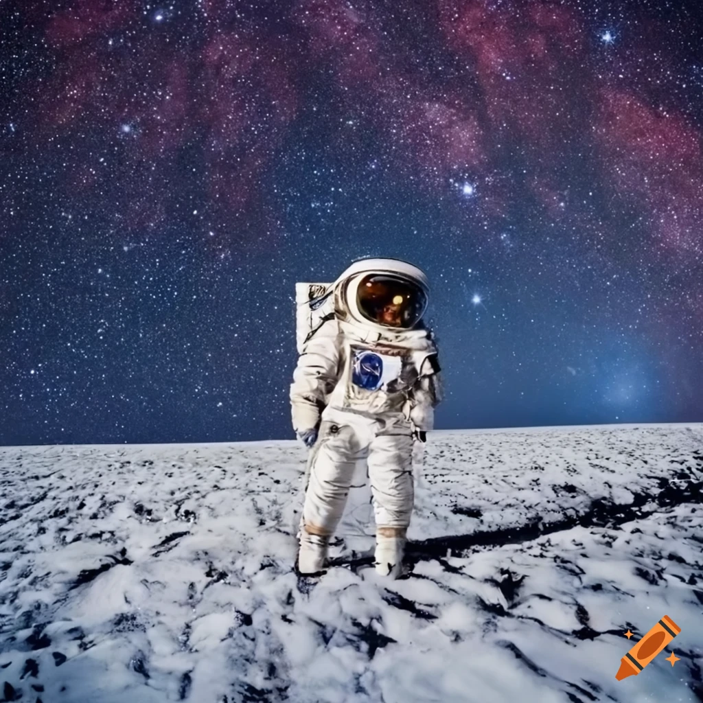 Astronaut in space, surrounded by snow against the background of the ...