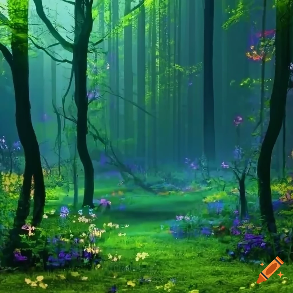 Flowery forest with a light amount of trees on Craiyon