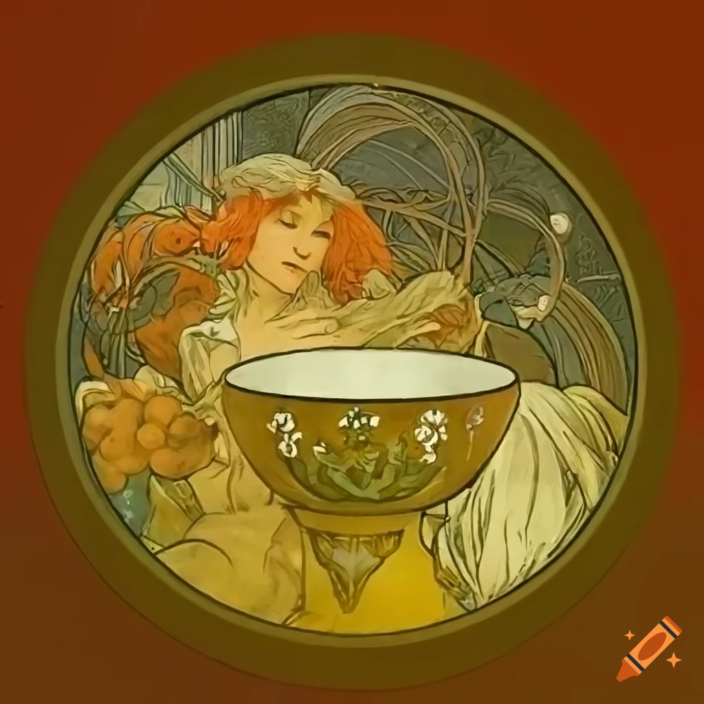Art nuovo, by Alphonse Mucha, Still life, bowl, grapes, cloth ...