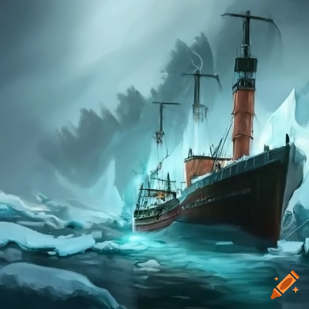 Ice breaker steam ship in a storm concept art