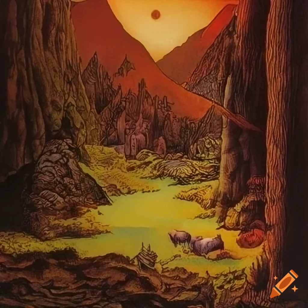 A vast landscape on an afternoon, 80s fantasy book art