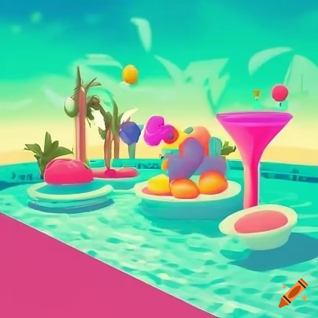 Retro 50s pool party, stylized