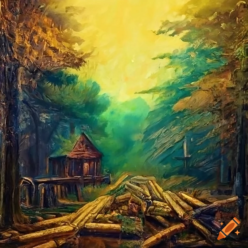 Medieval oil painting of a distant logging camp at a forest, subdued colours art fantasy, piles ...