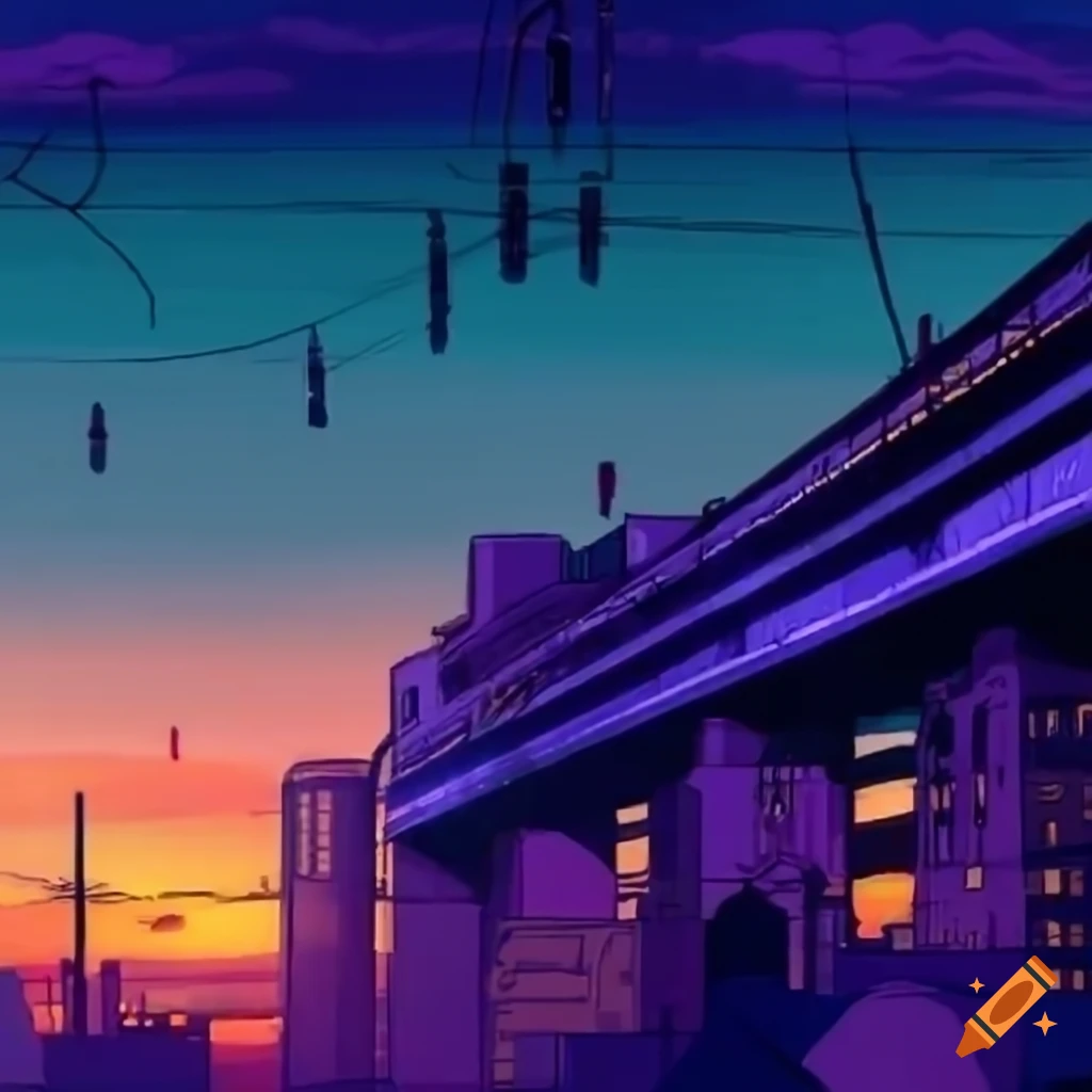 A City Skyline On A Sunset 90s Anime Art Style