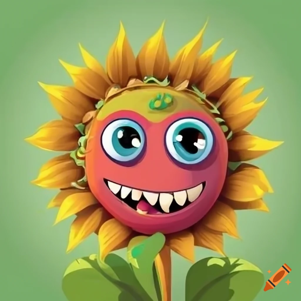 A cheerful sunflower monster cartoon with a big smile and rosy cheeks ...