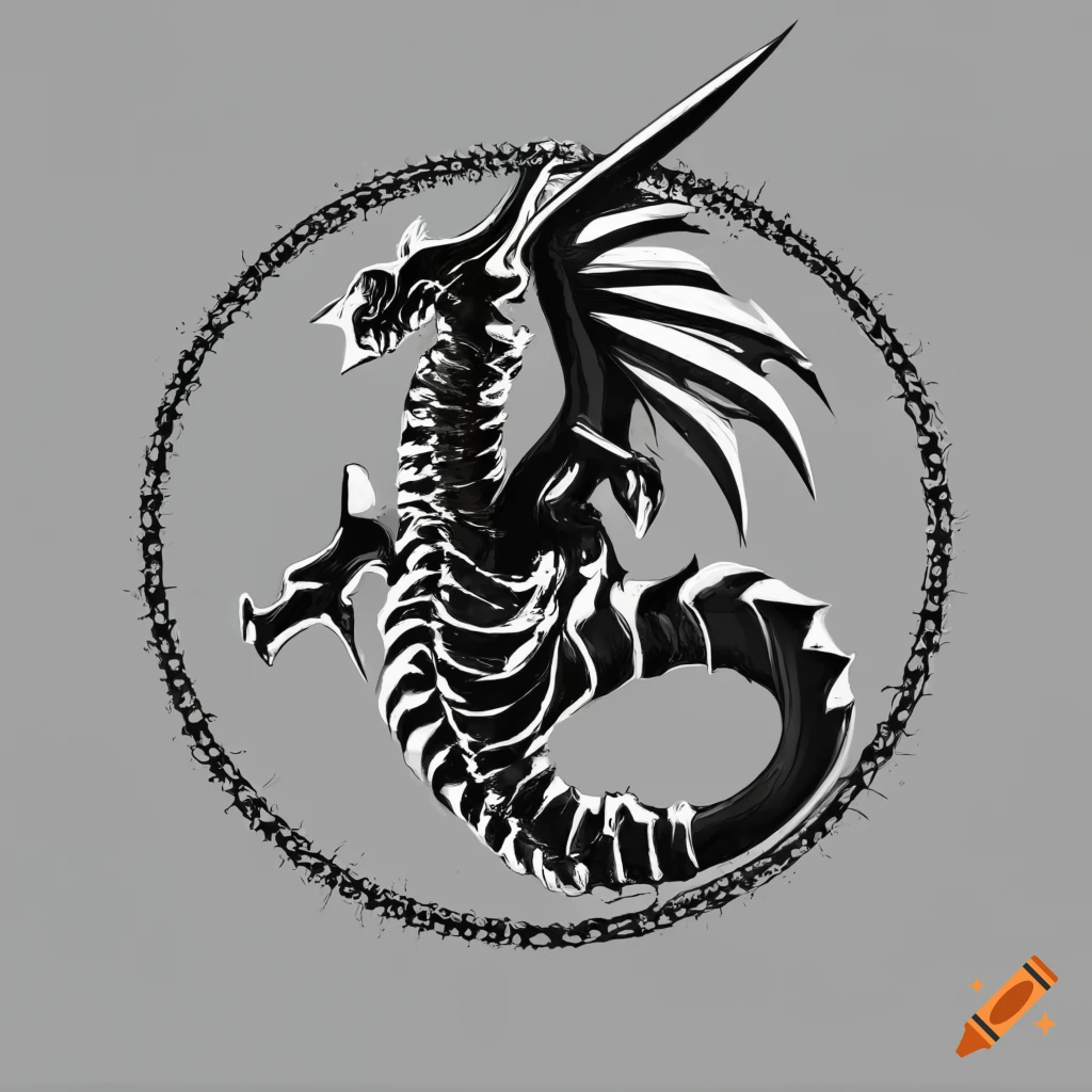 Black and white dragon skeleton logo-style isolated on white background ...
