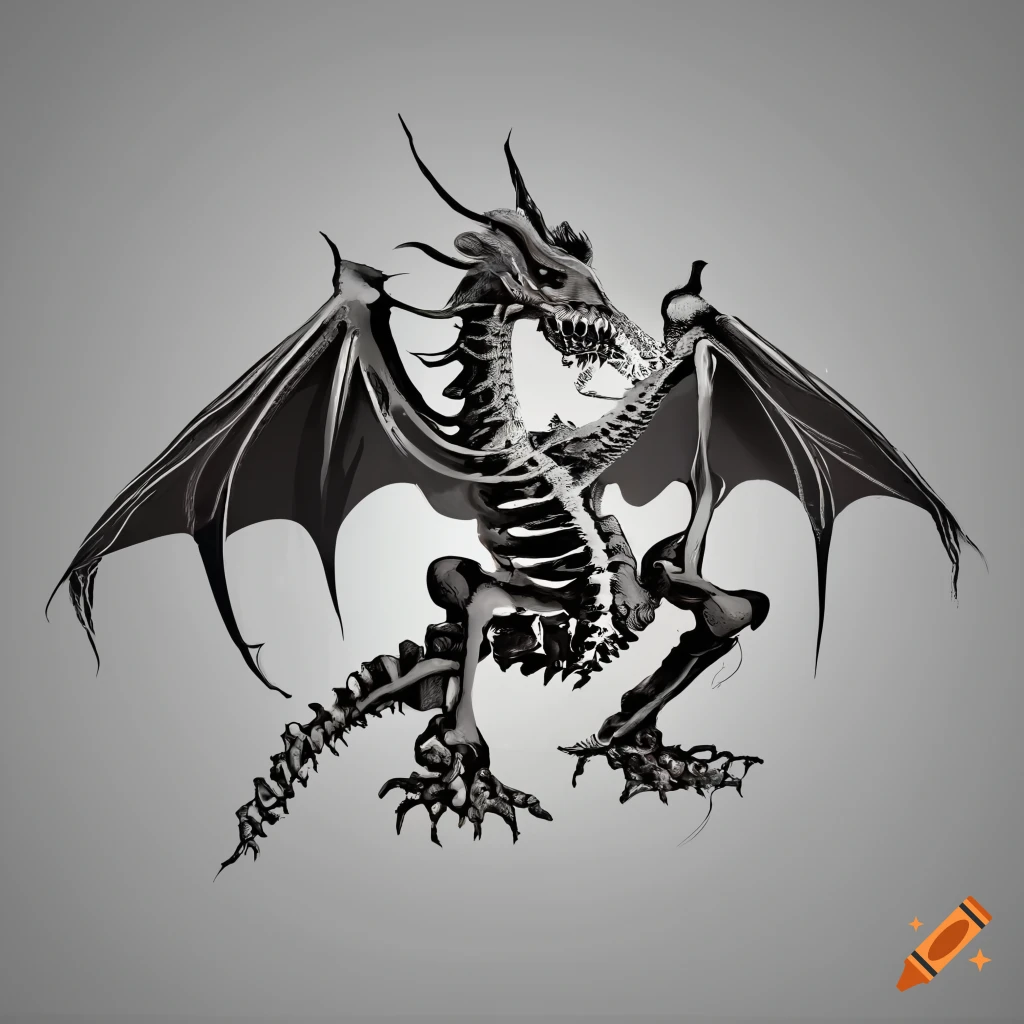 Black vector-style dragon skeleton isolated on white background