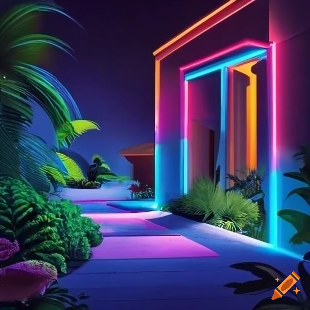 Illustrative neon lighting patio with architectural design, exterior ...