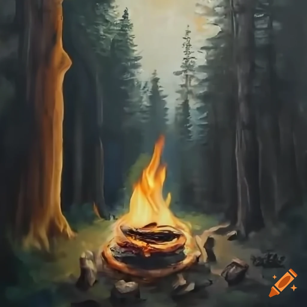 A cozy campfire in a secluded forest, surrounded by towering trees on Craiyon
