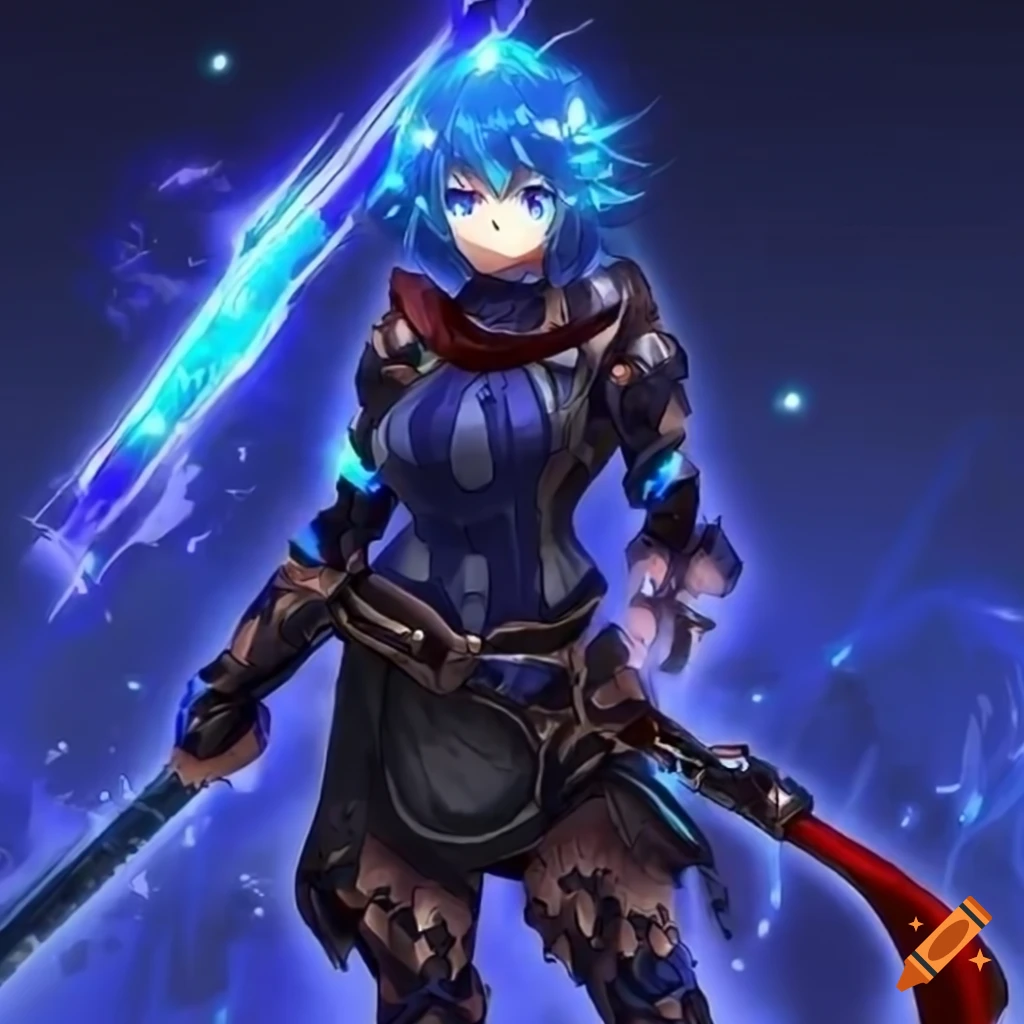 A fierce anime warrior with a glowing blue armament