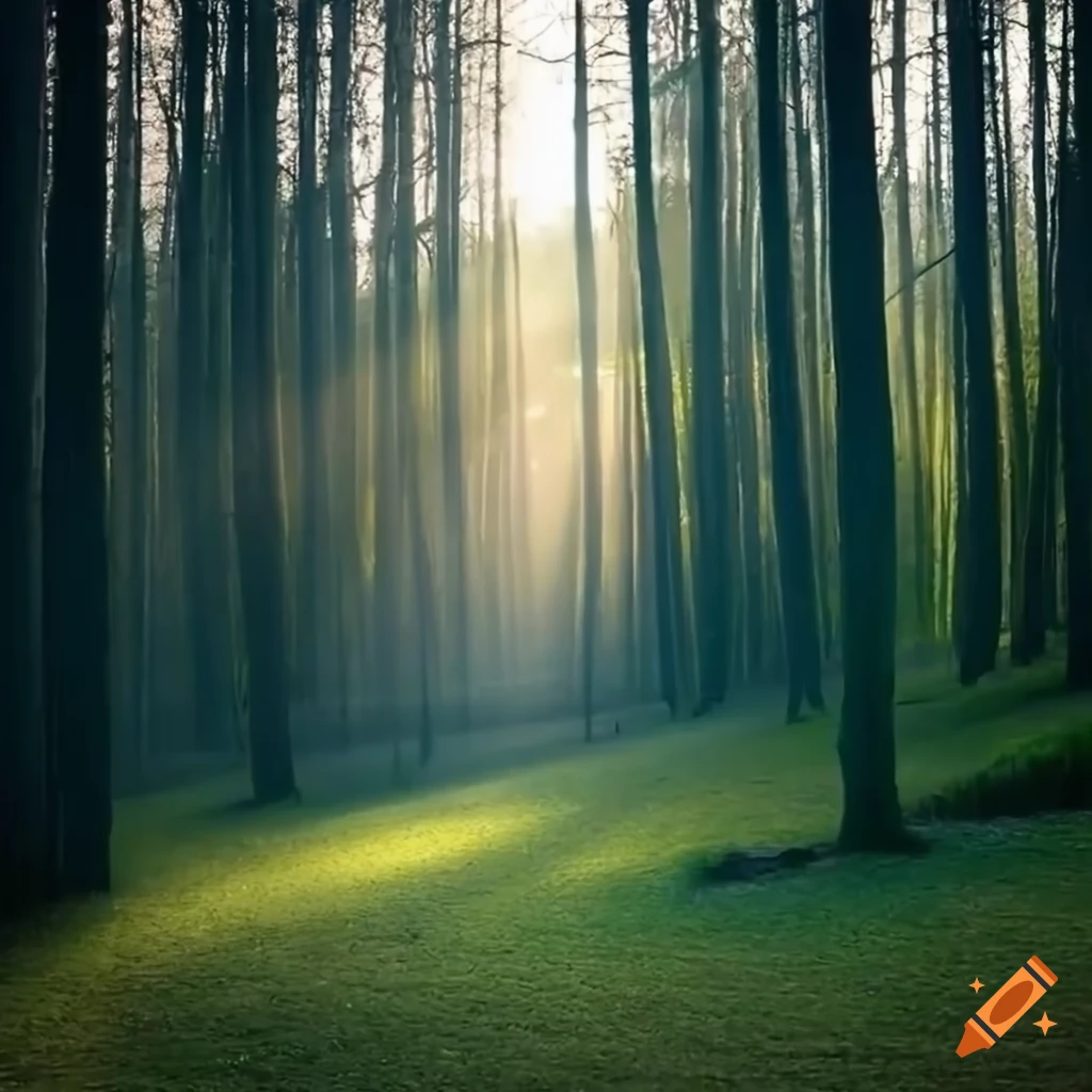 A peaceful forest clearing with sunlight filtering through the trees