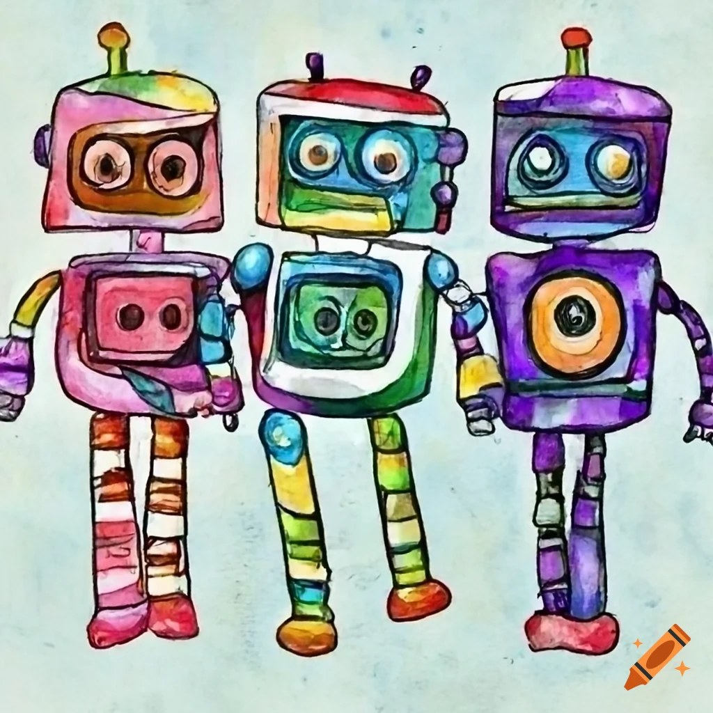Cute robot friends drawn in crayon