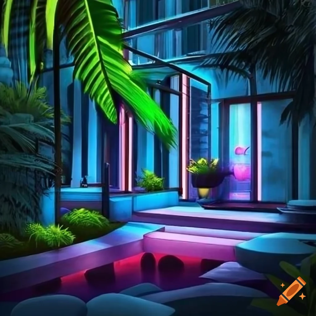 Illustrative neon lighting patio with architectural design, exterior ...