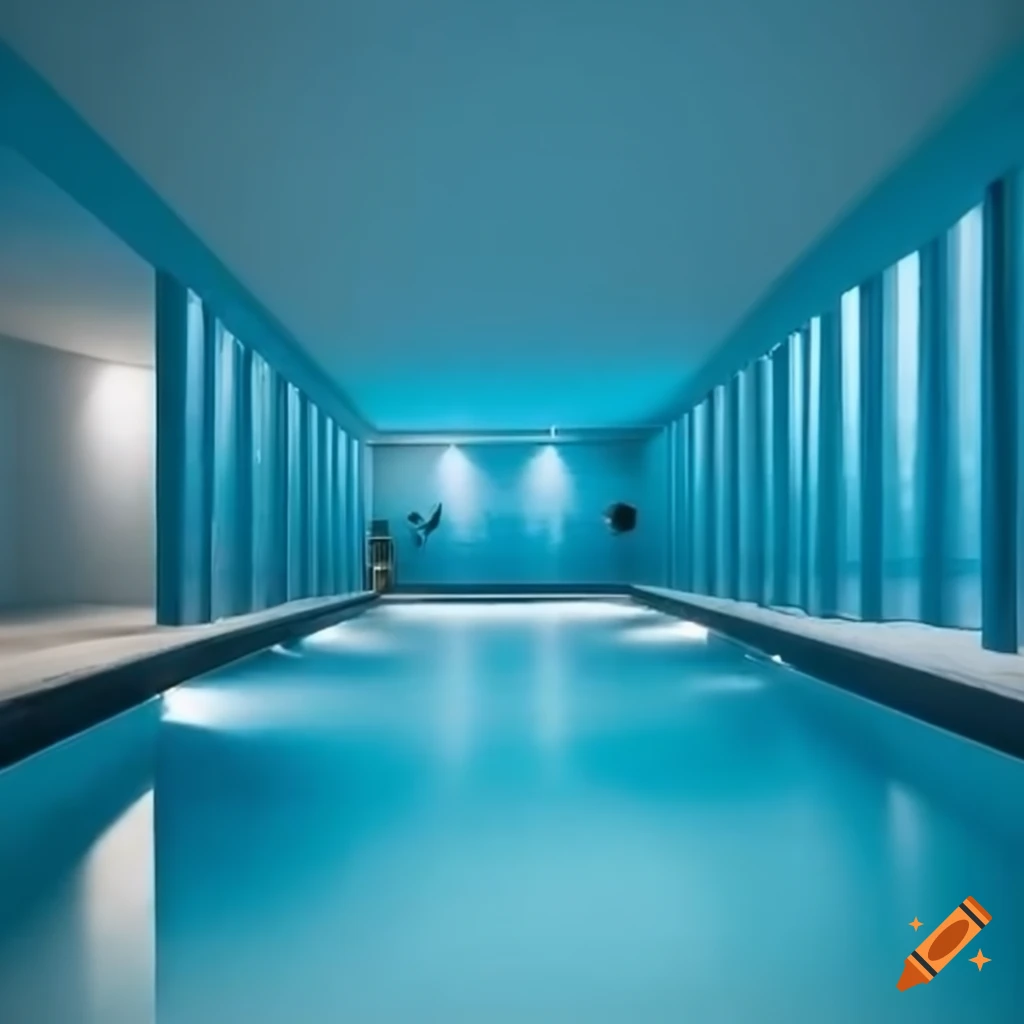 A minimalist indoor pool with bright blue walls